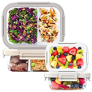 Bentgo® Glass Leak-Proof Meal Prep Set - 8-Piece Lunch & Snack 1 & 2-Compartment Glass Food Containers with Glass Lids - Reusable, BPA-Free, Microwave, Freezer, Oven & Dishwasher Safe (White Stone)