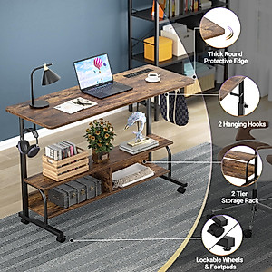Height Adjustable Standing Desk with Power Outlets, 47" Manual Stand Up Desk with Storage Shelves Small Mobile Rolling Computer Desk Portable Laptop Table with Wheels for Home Office, Rustic