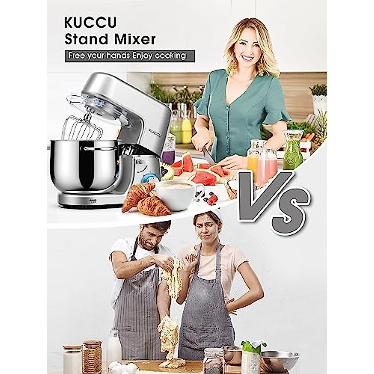KUCCU Stand Mixer, 8.5 Qt 660W, 6-Speed Tilt-Head Food Dough Mixer, Electric Kitchen Mixer with Dough Hook, Flat Beater & Wire Whisk, Mixing Bowl (8.5-QT, Silver)