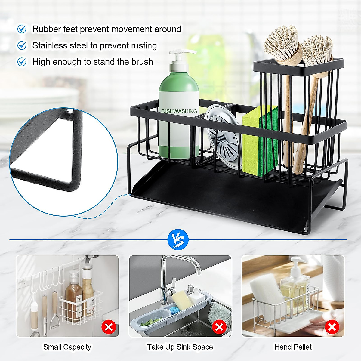 Tendry Sponge Holder for Kitchen Sink Caddy Organizer, Dish Soap Sponge Caddy with Brush Holder, Rustproof Sink Accessory with Dividers for Storage Kitchen Gadgets