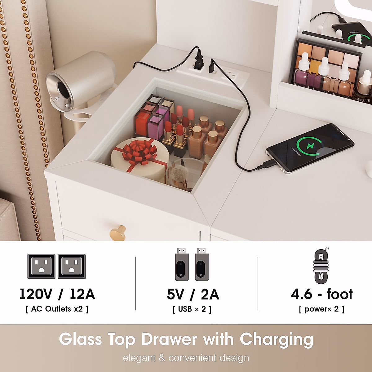 Vabches Vanity Desk with Lights, Makeup Vanity Table with Charging Station, 44.9in Big Vanity Set with 5 Drawers & Lots Storage Space, White