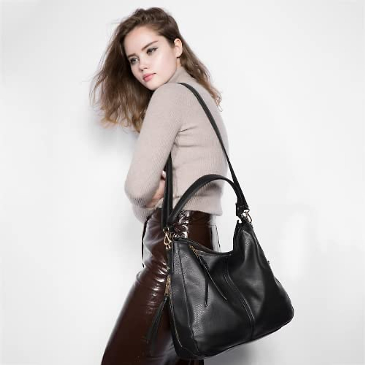 Hobo Purses Handbags for Woman Crossbody Large Bag for Ladies Shoulder Vegan Fashion Leather Tote (Style2-Black)