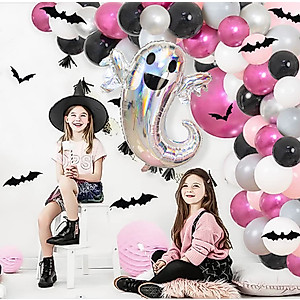 172Pcs Halloween Balloon Garland Arch Kit, Black Pink Sliver Halloween Balloons with 3D Bat Sticker Ghost Foil Balloon Pink Halloween Decor for Girls Kids Halloween Birthday Baby Shower Party Supplies