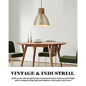 ELYONA Vintage Hammered Pendant Light Fixtures, 10.2” Industrial Metal Hanging Bar Lamp, Solid Wood Antique Gold Adjustable Pendant Light for Kitchen Island, Farmhouse, Dining Room, Brushed Brass