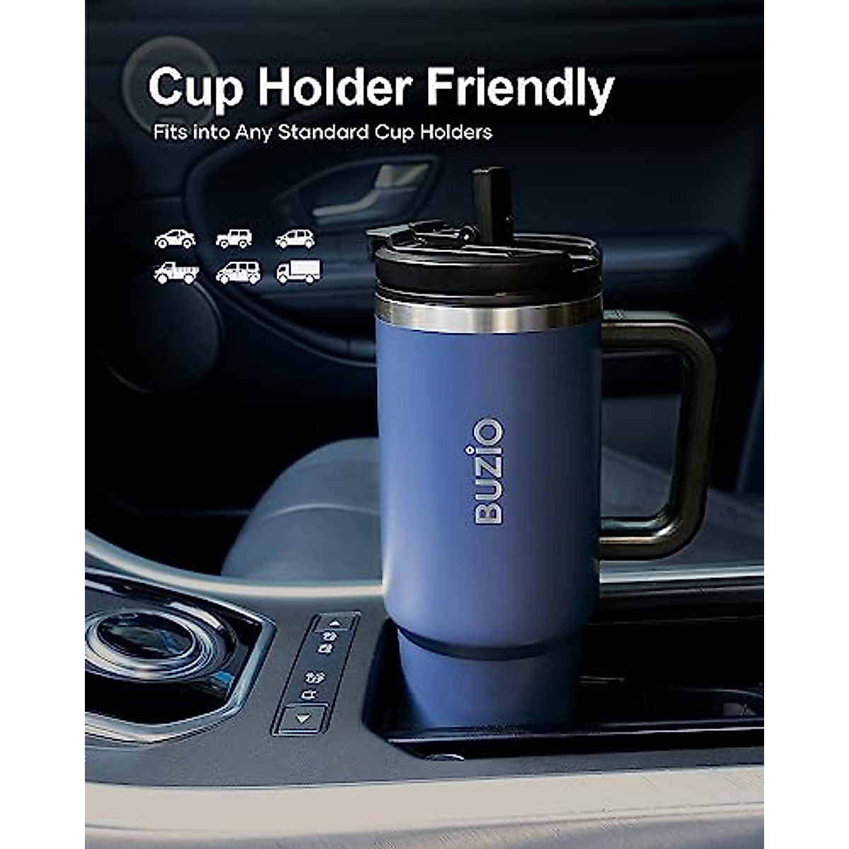 BUZIO 40oz Insulated Tumbler with Lid and Straw, Stainless Steel 40oz Tumbler with Handle, Cupholder Friendly Water Bottles, Vacuum Coffee Mug, Travel Flask, Keep Cold for 24 Hrs/Hot for 12 Hrs, Blue