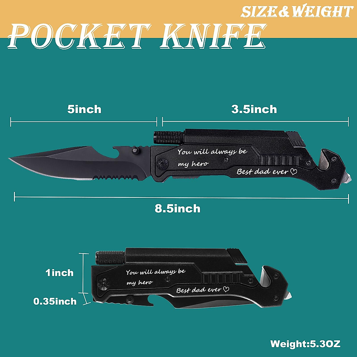 Gifts for Dad Men-Christmas Stocking Stuffers for Dad-Engraved Pocket Knife, 7 in 1 Multitool Folding Knives with LED Light, Unique Camping Hunting Presents for Dad