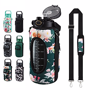 chunmo Half Gallon 64oz Glass Water Bottle with Straw and Storage Sleeve Motivational Water Bottle with Strap and Time to Drink 2L Leakproof Reusable Water Jug for Fitness Gym and Outdoors