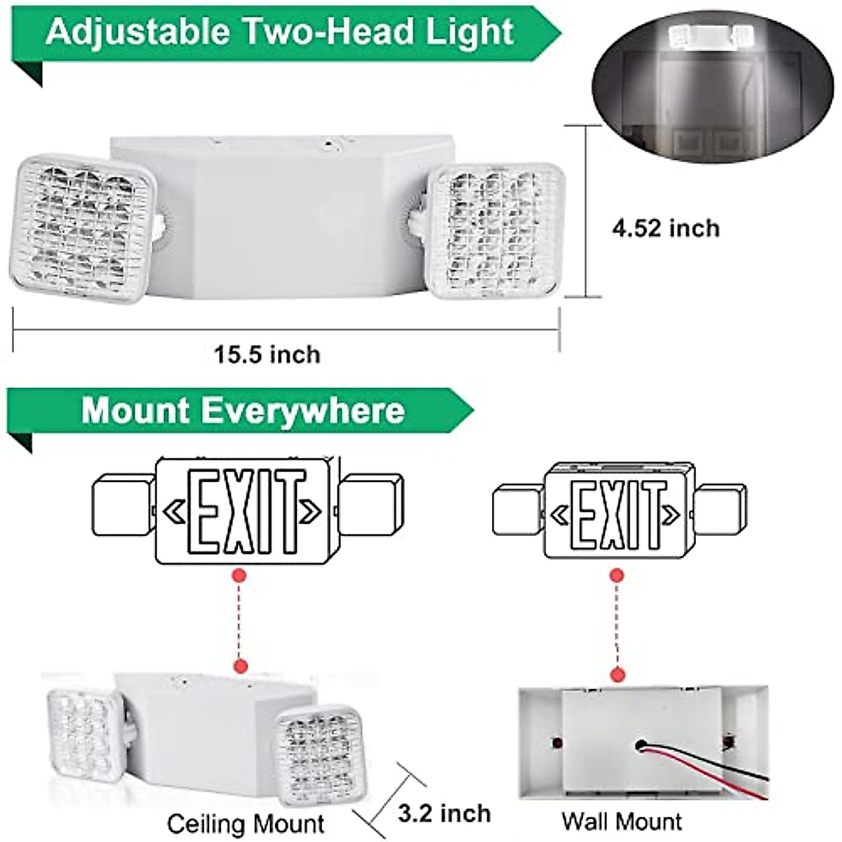 Fyngntny Led Emergency Lights, Commercial Emergency Light with Battery Backup, Dual Head Emergency Lights for Home Power Failure, Emergency Exit Light Fixture for Business, Hardwired White 12 Pack