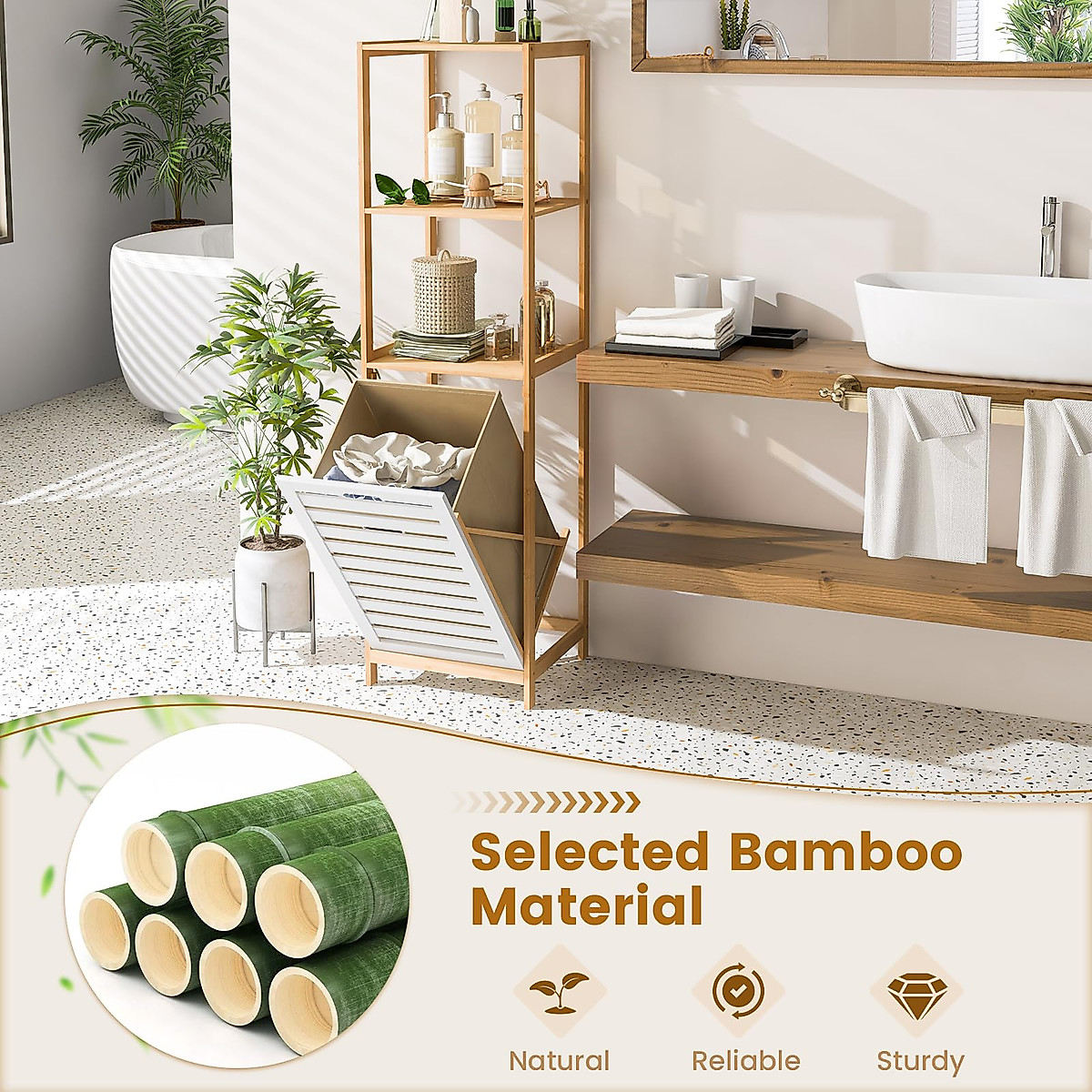 GOFLAME Tilt Out Laundry Hamper with 3-Tier Storage Shelves, 51” Tall Bathroom Storage Shelf with Removable Basket, Bamboo Laundry Basket Organizer for Bathroom, Laundry Room, Bedroom, Natural