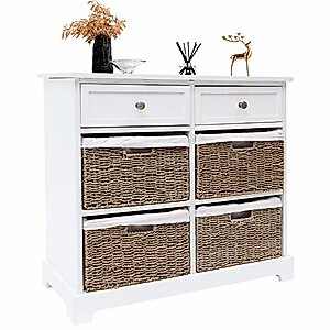 Babion Wicker Basket Storage Cabinet, Wicker Storage Cabinet with 2 Drawers and 4 Basket, Storage Cabinet with Wicker Baskets, Chest of Drawers for Living Room, Hallway, Nursery,Easy Assembly