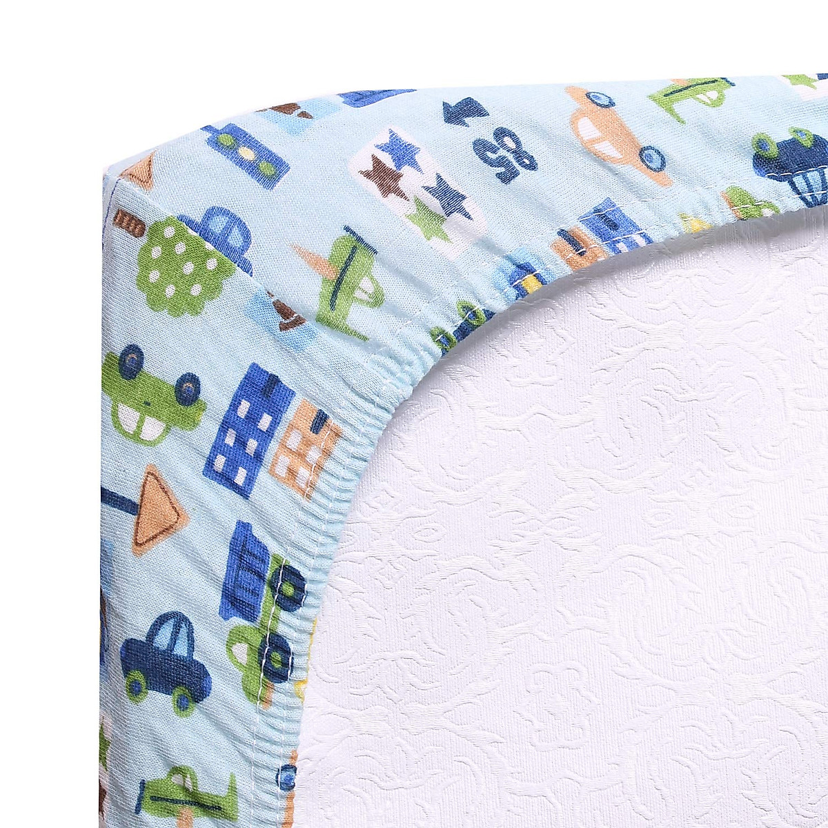 Big Oshi Fitted Mini Crib Sheet - for Portable Cribs or Mini Cribs - Fits Mattresses up to 3 Inches Deep - Knitted, 100% Cotton, Traffic Cars Pattern, Blue (SHT-294)