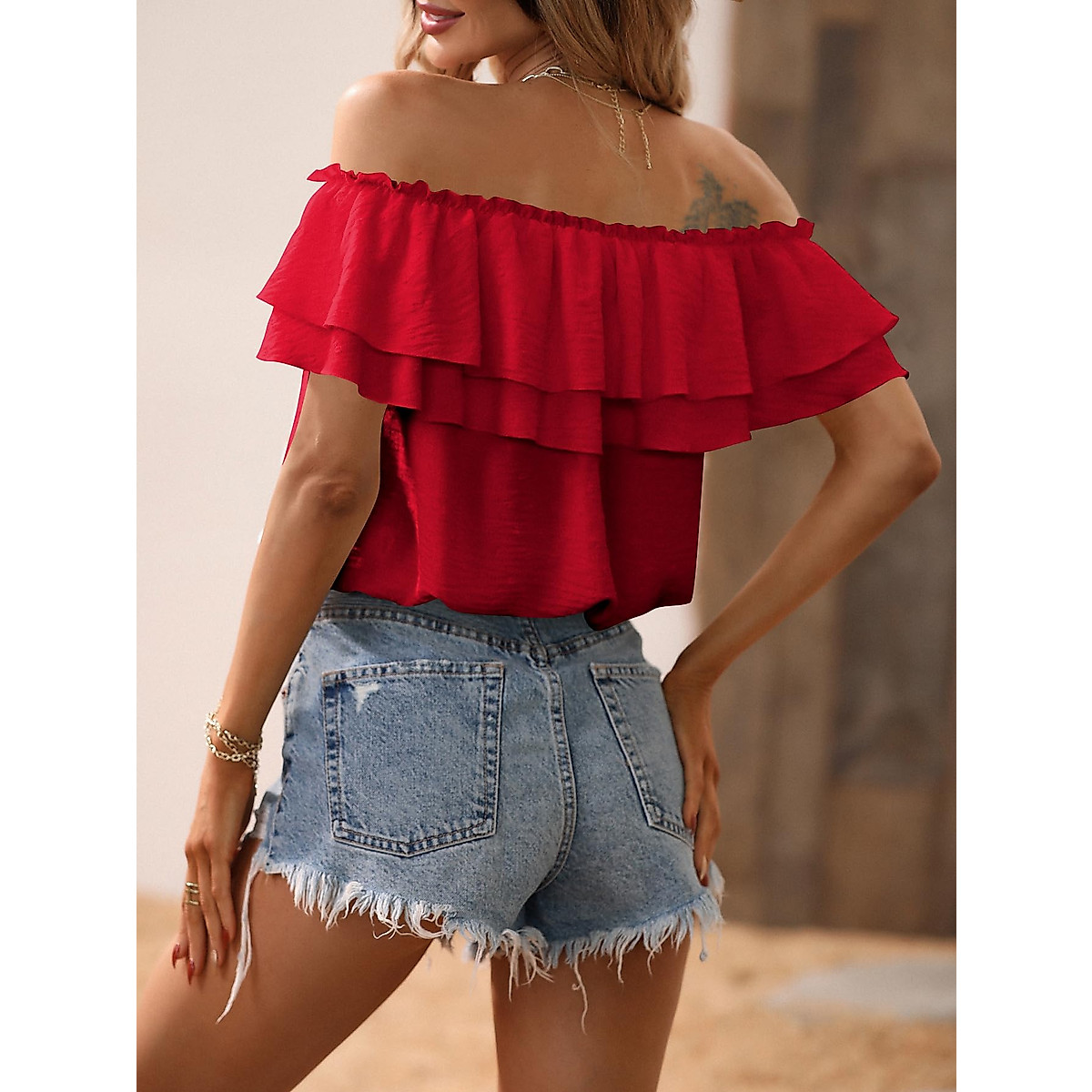 SweatyRocks Women's Off Shoulder Ruffle Trim Knot Front Blouse Tiered Layer Butterfly Short Sleeve Chiffon Tops Summer Red L