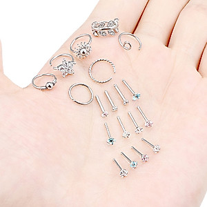 Ocptiy 18G Nose Ring hoop Stud Piercing Jewelry for Women 18Gauge Stainless Surgical Steel Hypoallergeni Silver Straight Cubic Zirconia Nose Nostril Ring Pin Bone Stud Piercing Hoop Jewelry Women Men