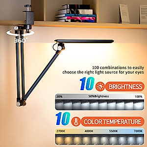 Reifeiniwei LED Desk Lamps,10 Color Modes 2700k-7000k Lighting and Stepless Dimming Modern Table Lamp for Monitor Studio Reading,Architect Clamp for Home Office Iron-Grey 15W…