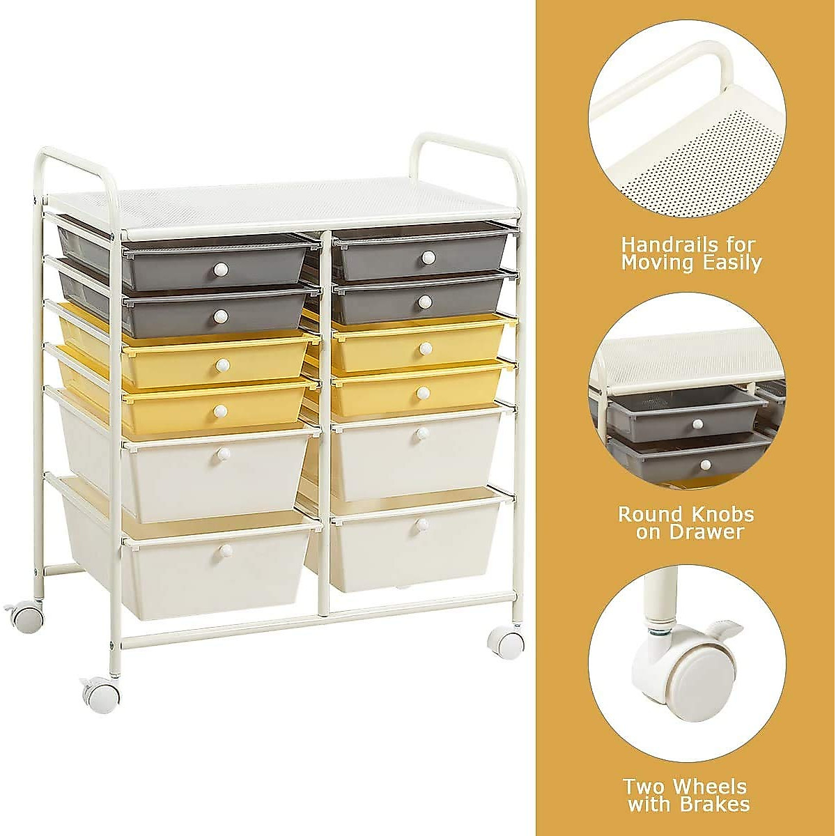 Moccha 12 Drawer Rolling Storage Cart, Utility Cart with Wheels, Tools Scrapbook Paper Organizer, 2 Sizes of Drawers, Multipurpose Lightweight Cart for School, Office, Home, Beauty Salon (Yellow)