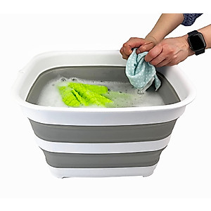 SAMMART 15L (3.9 gallons) Collapsible Plastic Washing Tub - Foldable Washtub - Portable Washing Basin - Space Saving Easy Storage (Lake Green+Grey (Set of 2))