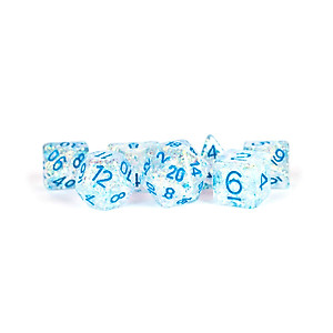 16mm Resin Flash Dice Poly Dice Set: Clear with Light Blue Numbers