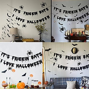 It's Frickin Bats I Love Halloween Banner Black Glitter with 3D Bats Sticker and Glitter Spider Stickers for Halloween Decor Halloween Theme Party Decorations Supplies Kit