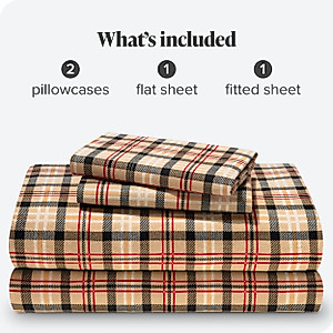 Bare Home Flannel Sheet Set Prints, 100% Cotton, Velvety Soft Heavyweight - Double Brushed Flannel - Deep Pocket (King, Red Lodge Plaid)