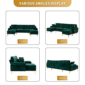 OUYESSIR U-Shaped Sectional Sofa for Living Room, 4 Seat Velvet Sofa Set Convertible L-Shaped Couch Set with Chaise Lounge, Ottoman and Pillows,114 inches (Emerald Green)
