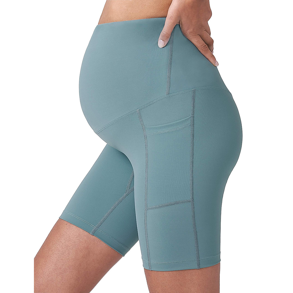 POSHDIVAH Women's Maternity Yoga Shorts Over The Belly Bump Workout Active Short Pants Light Green 8" Large