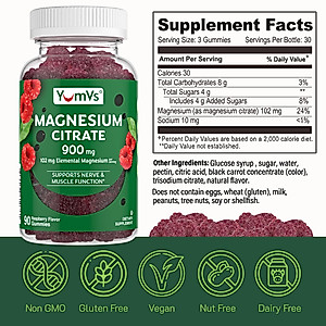 YUM-V'S Magnesium Citrate Gummies - 900mg Magnesium Citrate (102mg of Elemental Magnesium) Highly Absorbable Citrate, Supports Nerve, Enzyme & Muscle Function - 90 Count