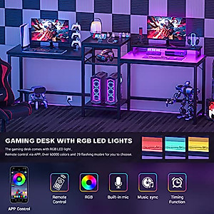 Unikito 2 Person Computer Desk with LED Light and Power Outlet, Double Gaming Desk, Large Workstation with Storage and Printer Stand, Long Desk, Office Work Desk with Shelf, Writing Study Table, Black