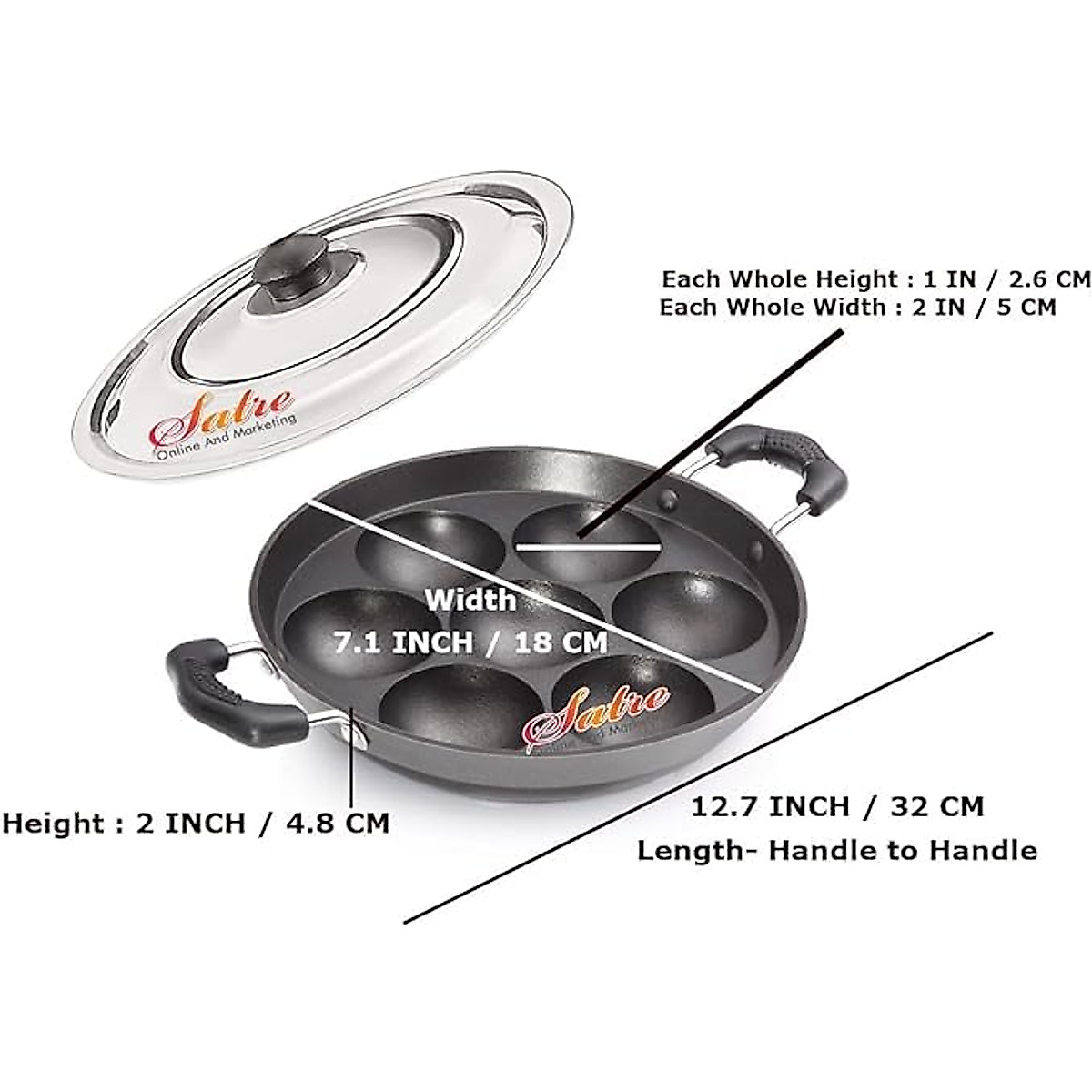 Satre Online and Marketing Small 7 Cavity Non-Stick Aluminium Heavy Induction Base Appam Pan With Steel Lid - Black,Silver,Red