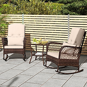 RELAX4LIFE 3-Piece Rocking Bistro Set - Rattan Wicker Rocking Chairs w/2-Tier Coffee Table, Cushions & Pillows, Conversation Rocker Set for Porch Garden Backyard, Outdoor Patio Furniture (Beige)