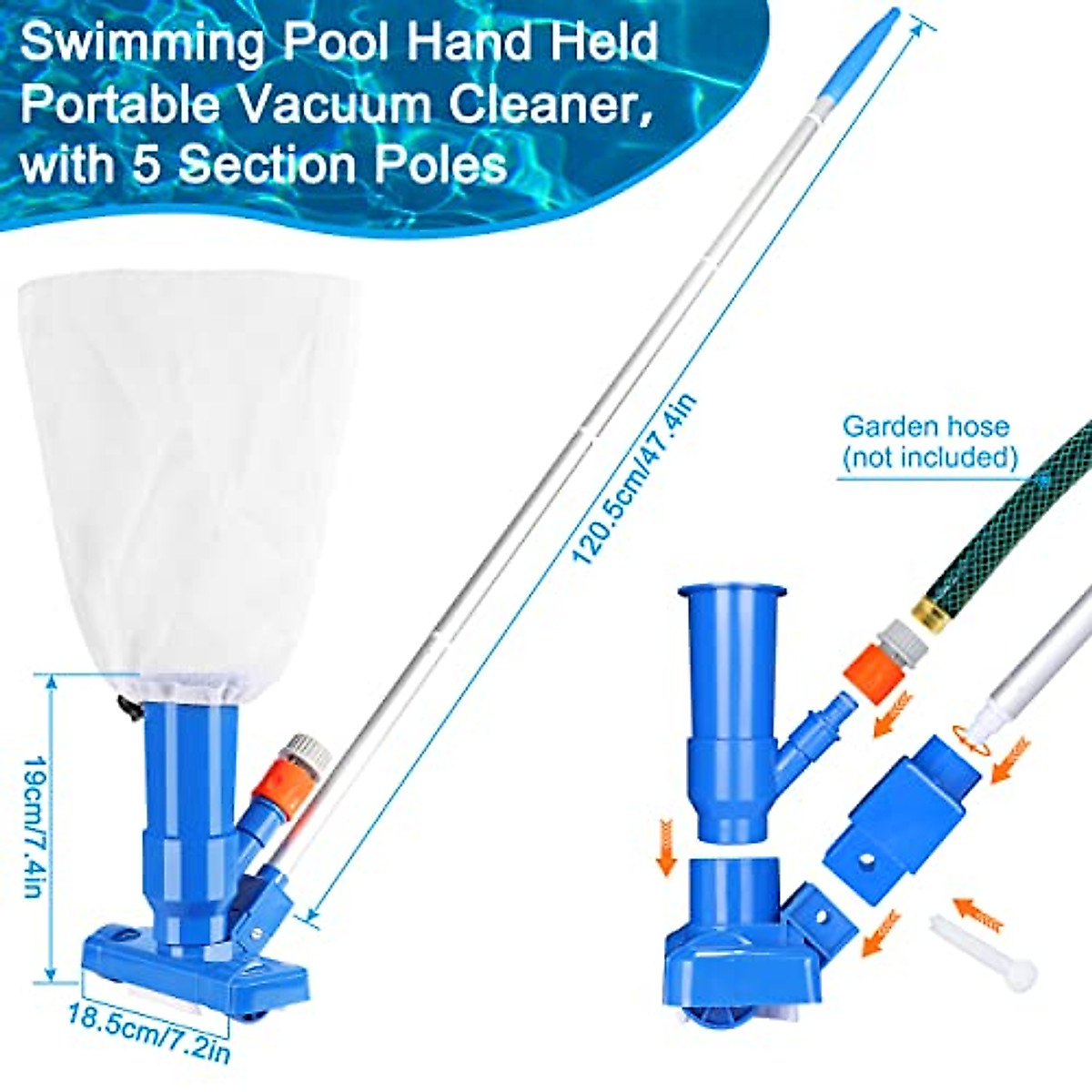 Bearbro Portable Swimming Pool Vacuum Jet Underwater Cleaner with 5-Section Pole Handheld Pool Leaf Vacuum Suction Head for Above Ground Pool Spa Pond Fountain and Hot Tub