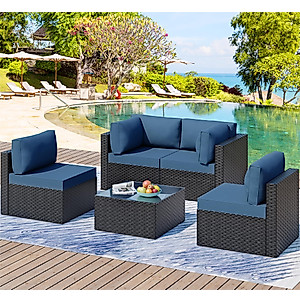 Walsunny 5 Pieces Outdoor Patio Furniture Set, All-Weather Rattan Patio Sectional Sofa Wicker Conversation Set with Glass Table and Cushions(Aegean Blue)