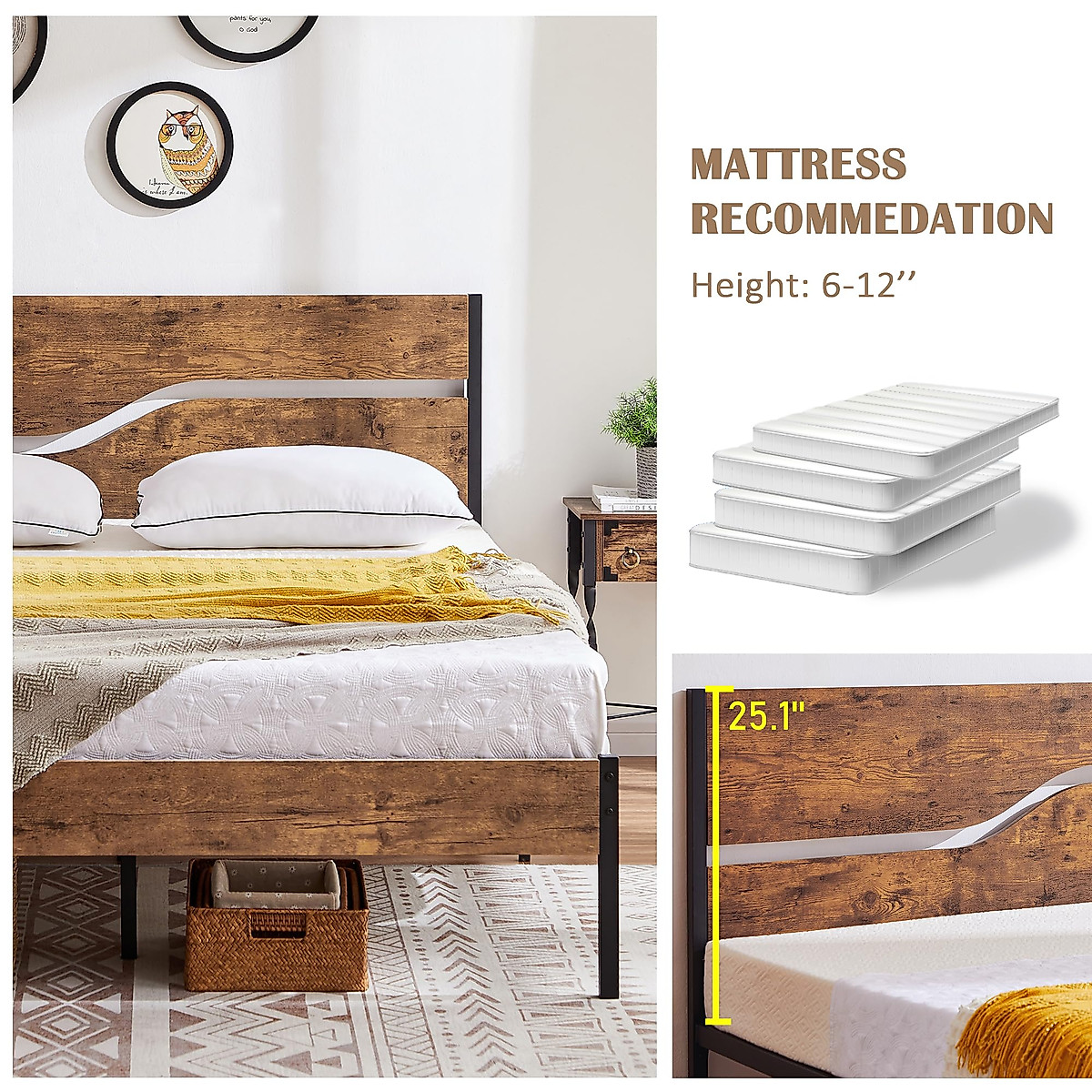 VECELO Platform Bed Frame Queen Size with Rustic Wood Headboard, Strong Metal Slats Support No Box Spring Needed, Easy Assembly