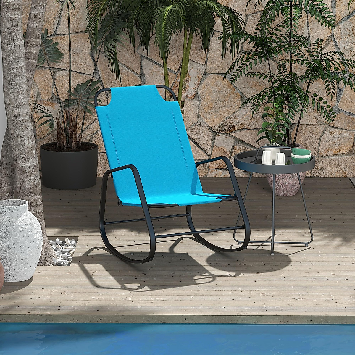 Outsunny Garden Rocking Chair, Outdoor Indoor Sling Fabric Rocker for Patio, Balcony, Porch, Light Blue