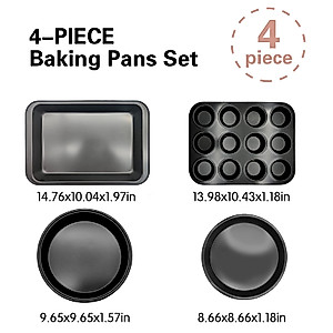 PINVNBY Baking Pans Set,Nonstick Bakeware Set with Baking Sheet, Muffin Pan, Round Cake Pan, Pizza Pan, Kitchen Oven Pan Baking Sheet Set, Complete Carbon Steel Bakeware Set (4 Pieces)