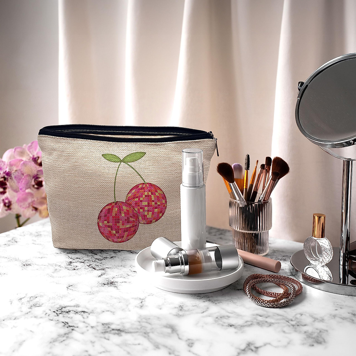 Nogrit Hot Pink Preppy Cherry Disco Ball Makeup Bag for Teen Girls & Women