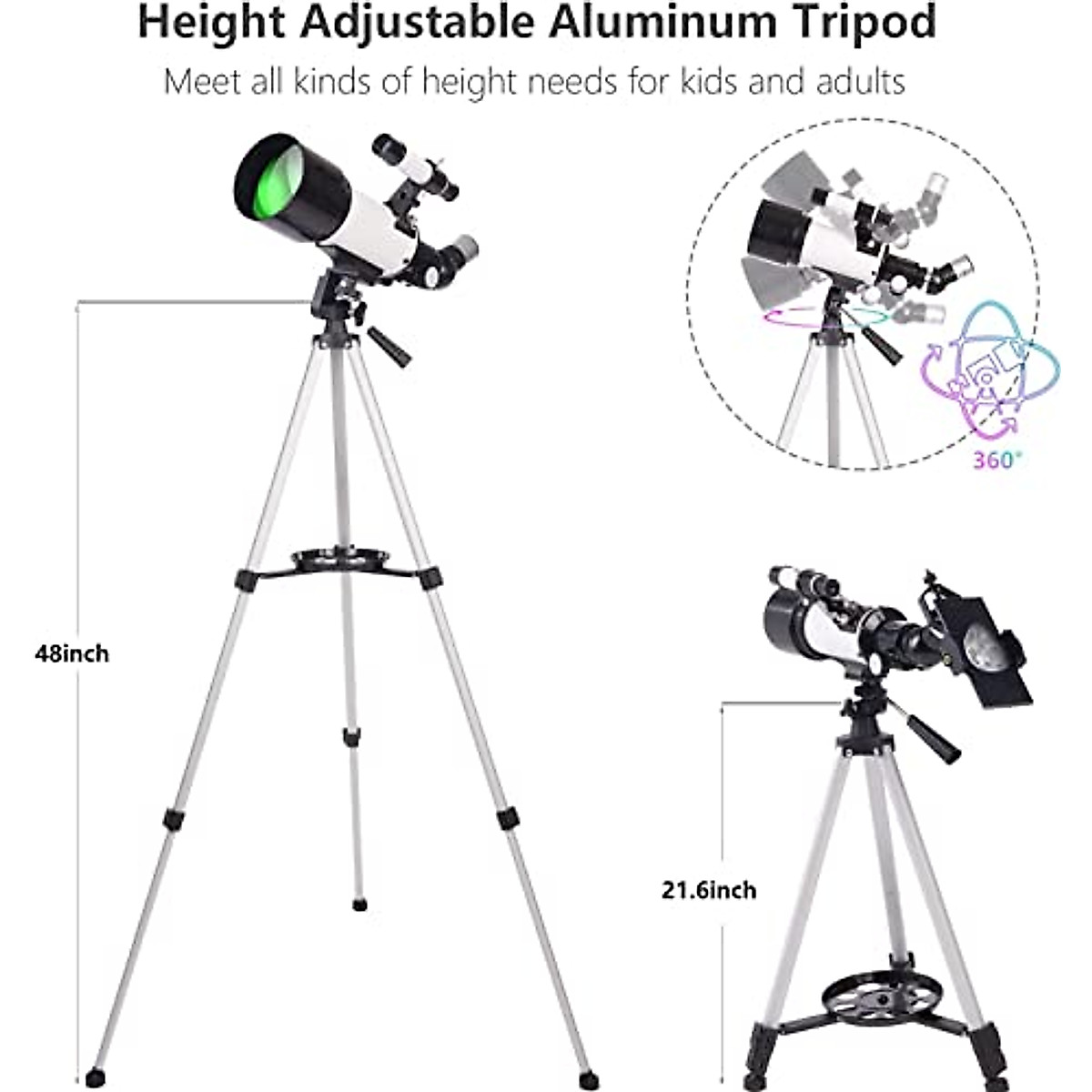 zukakii Telescope for Adults & Kids, 70mm Aperture Astronomical Refractor Telescopes (16X-120X) for Kids Beginners with Carry Bag, Phone Adapter, AZ Mount Gift for Christmas
