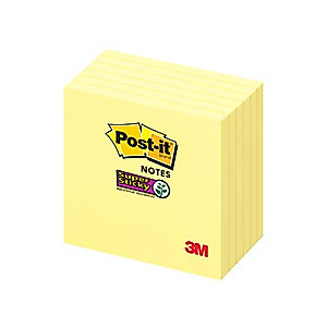 Post-it Super Sticky Notes, 3x3 in, 6 Pads, 2X the Sticking Power, Canary Yellow (654-6SSCY)