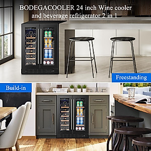 BODEGACOOLER 24 Inch Wine and Beverage Refrigerator, Dual Zone Wine Cooler Refrigerator, Wine and Beer Refrigerator Under Counter Cooling With Compressor,Hold 21 Bottles and 57 Cans [Black]