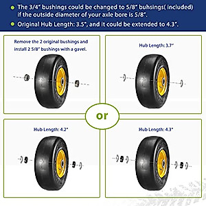 MaxAuto 2PCS 9x3.50-4" Flat Free Lawnmower Tire on Wheel, 3.5" Centered Hub, 3/4" Bushings(Universal Adapter Kit Include: 2pcs 5/8" Sintered Iron Bushings, 2pcs 1/4" Nylon Spacers, 4pcs Steel Washers)