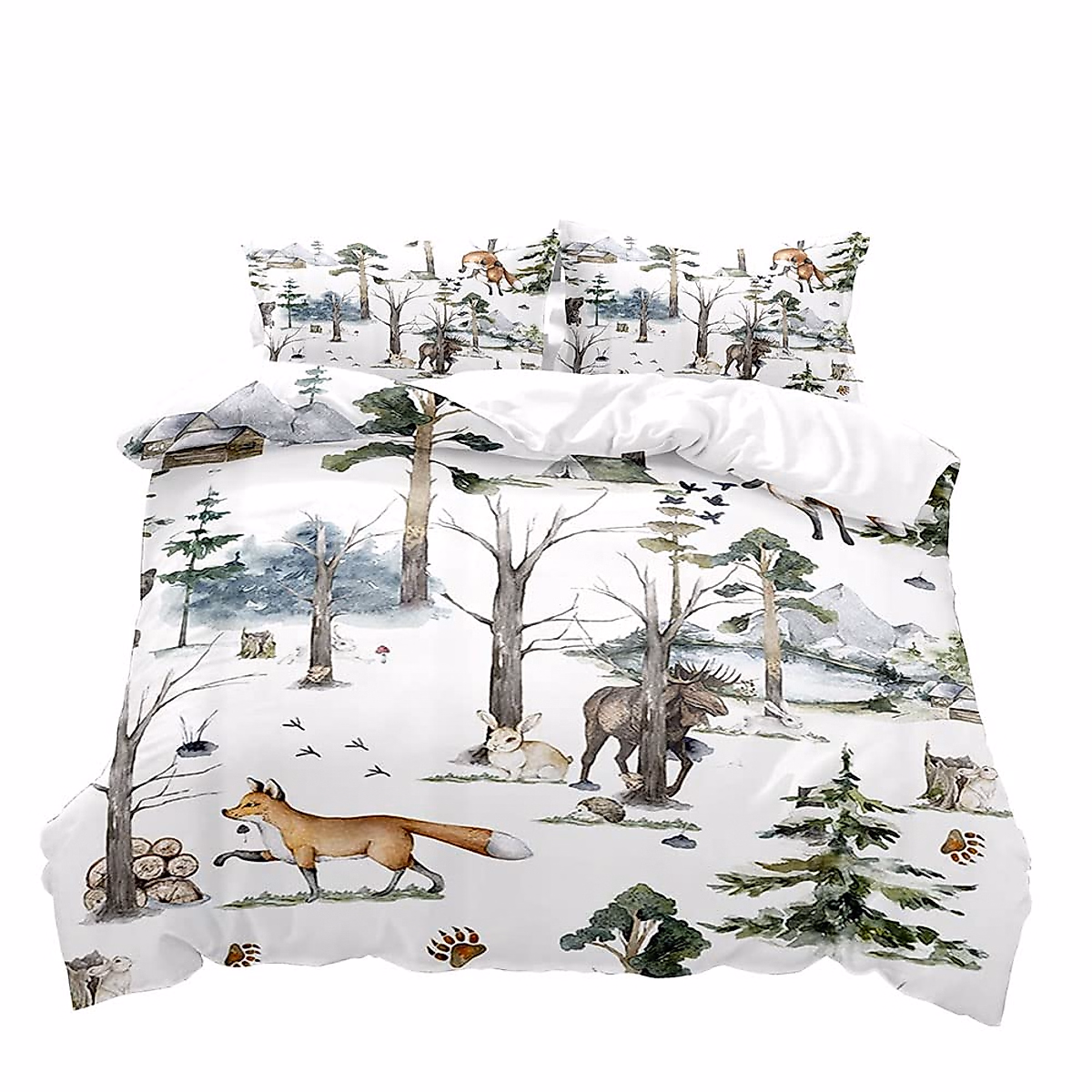 VIVIHOME 2PCS Woodland Animals Duvet Cover Set, Twin Bedding Sets, White Duvet Cover, Wildlife Rabbit Fox Deer Elk Moose Bear Camping Hunting Lodge Cabin Country Rustic Farmhouse Bedding, 1 Pillowcase
