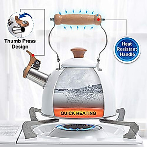 ROCKURWOK Whistling Tea Kettle, 1.6 QT / 50 OZ, White Teapot, Universal Base for Induction | Gas | Electric | Halogen | Radiant, Wooden Handle, Vintage
