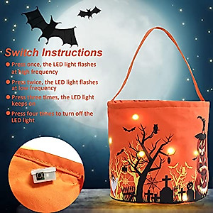 Cqueni Halloween Trick or Treat Candy Bags LED Light Up Pumpkin Bucket, Collapsible Reusable Candy Basket, Fabric Tote Gift Bags for Halloween Parties