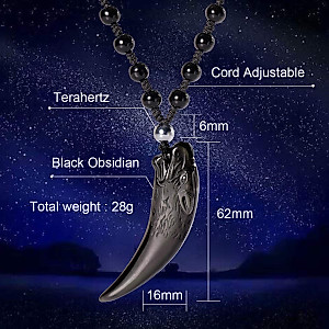 Jewever Black Obsidian Wolf Tooth Necklace Natural Stone Healing Crystal Pendant with Extend Bead Chain Unisex