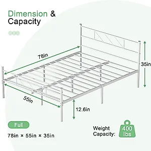 VECELO Full Size Bed Frame with Headboard, Heavy-Duty Platform with Strong Metal Slats, No Box Spring Needed, Easy Assembly, White