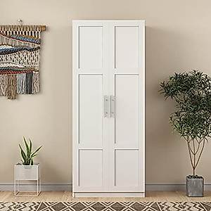Voohek, White Wardrobe Closet with 2 Doors and Hanging Rod, Kitchen Cabinet 3 Partitions to Separate 4 Storage Spaces for Bedrooms, Dining Room, Entryway, Large