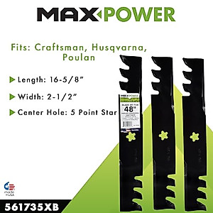 Maxpower 561735XB 3 Blade Commercial Mulching Set for 48" Cut Craftsman, Husqvarna, Poulan, Replaces OEM no. 173921, 532173921, Black