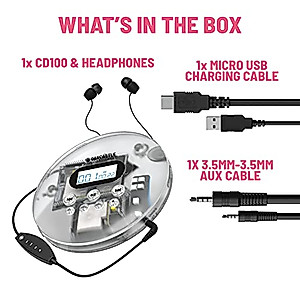 Oakcastle CD100 Rechargeable Bluetooth CD Player | 12hr Portable Playtime | in Car Compatible Personal CD Player | Headphones Included, AUX Output, Anti-Skip Protection, Custom EQ Modes, CD Walkman