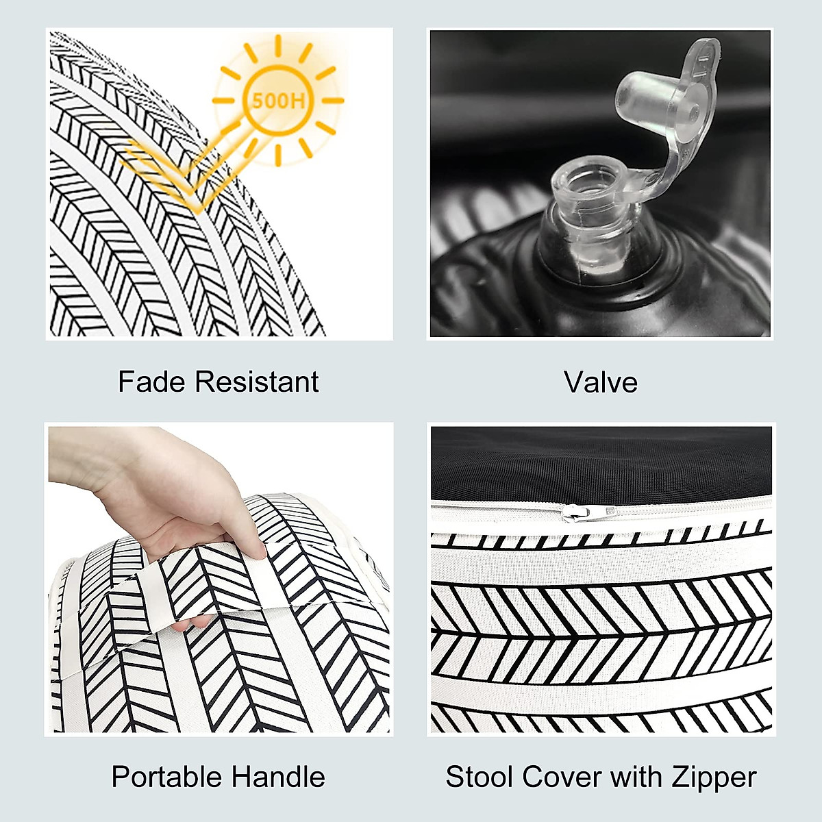 LVTXIII Outdoor/Indoor Inflatable Ottoman, Patio Footrest Stool, Portable Round Ottoman for Patio Garden, Camping or Home, Herringbone Black White