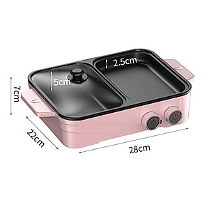 Electric Grill Indoor Hot Pot with Glass Lid & Removable Non-Stick Grill Plate,Separate Dual Temperature Contral, for 2-8 People Family Gathering Friend Meeting Party (pink)