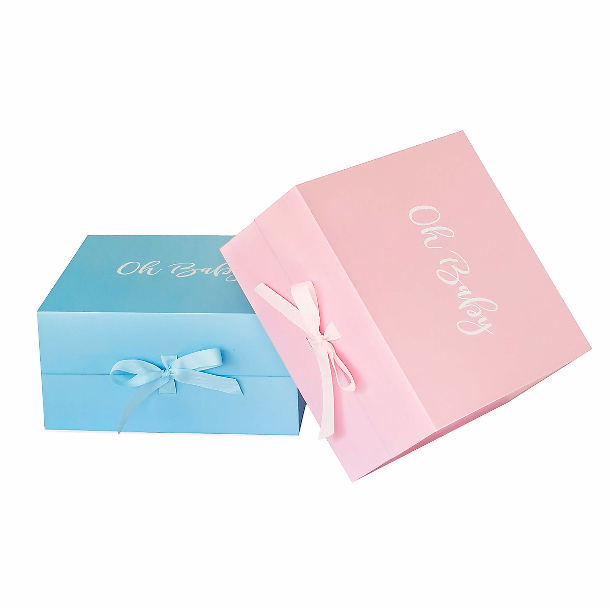 Oh Baby Shower Box with Ribbon & Magnetic Closure - Doubles as Baby Keepsake Boxes with Lids - 12 x 12 x 6 in. Light Pink or Blue Baby Boxes for Baby Shower with 'Oh Baby' in White MJ Green Events
